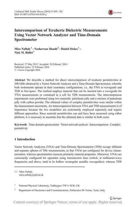 Intercomparison Of Terahertz Dielectric Measurements Using Vector Network Analyzer And Time