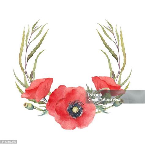 赤いケシの花と緑手描きの水彩花輪芸術的なイラスト 花のベクターアート素材や画像を多数ご用意 花 赤 お祝い Istock