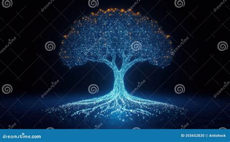 Glowing Tree With Digital Roots Absorbs Data Streams Growing Branches
