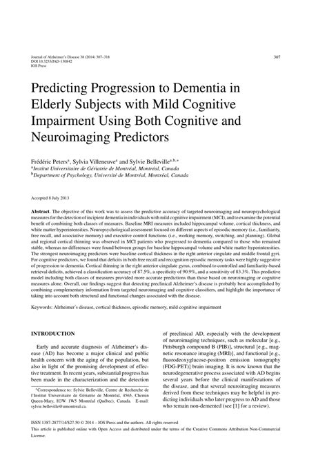 Pdf Predicting Progression To Dementia In Elderly Subjects With Mild