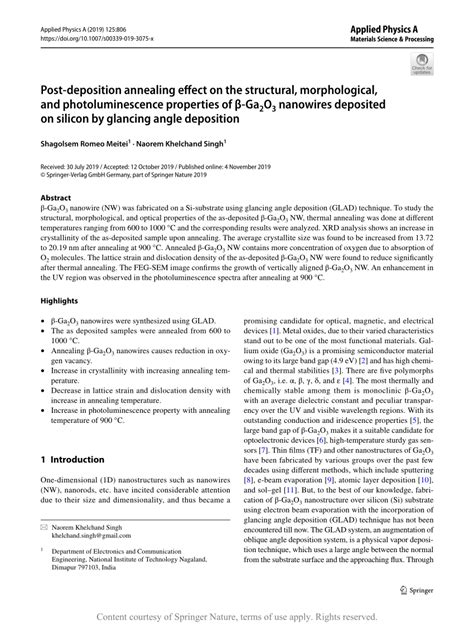 Post Deposition Annealing Effect On The Structural Morphological And Photoluminescence