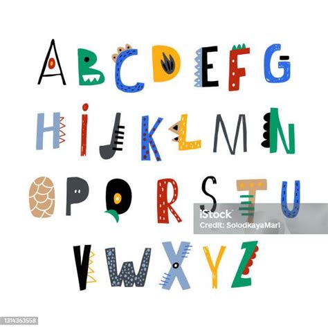 재미 공룡 스타일의 장식 아이 Abc 창조적 알파벳은 격리 벡터 일러스트레이션 알파벳에 대한 스톡 벡터 아트 및 기타 이미지