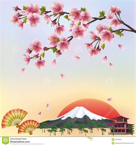 与山的背景和佐仓进展 亚帕 向量例证 插画 包括有 图画 典雅 蓝色 开花的 图象 天堂 绽放 32192331