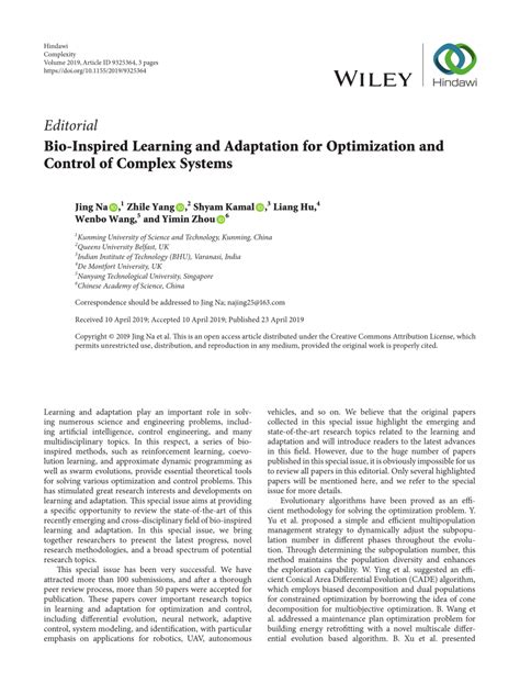 Pdf Bio Inspired Learning And Adaptation For Optimization And Control Of Complex Systems