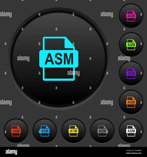 ASM File Format Dark Push Buttons With Vivid Color Icons On Dark Grey Background Stock Vector