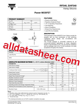 IRF540 Datasheet PDF Vishay Siliconix