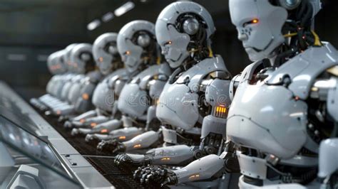 Row Of Humanoid Robots In A Futuristic Building Artificial
