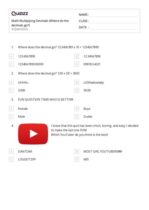 50 Multiplying Decimals Worksheets For Kindergarten On Quizizz Free And Printable