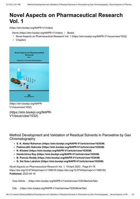 pdf method development and validation of residual solvents in