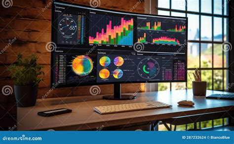 The Side View Of A Computer Screen Displaying Multiple Financial Reports Graphs And Pie In