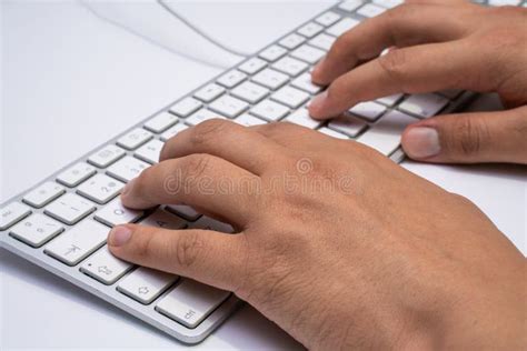 Working At Home With Laptop Men Writing A Blog Typing On A Keyboard