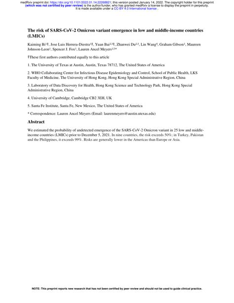 Pdf The Risk Of Sars Cov 2 Omicron Variant Emergence In Low And Middle Income Countries Lmics