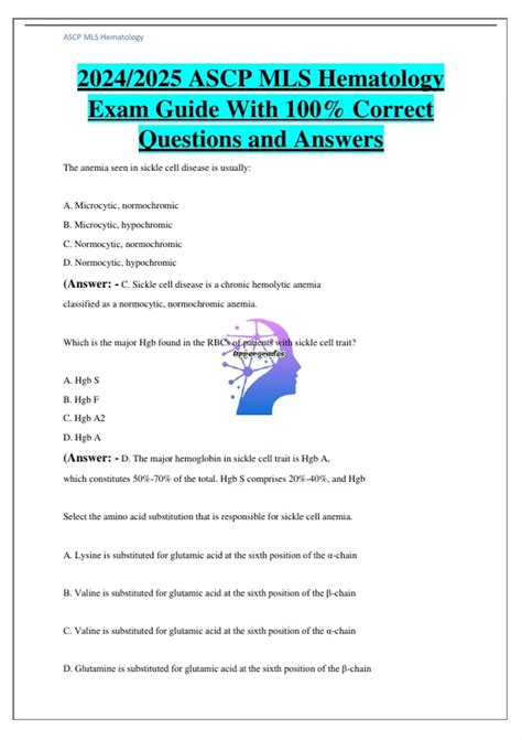 2024 2025 Ascp Mls Hematology Exam Guide With 100 Correct Questions And Answers Ascp Mls