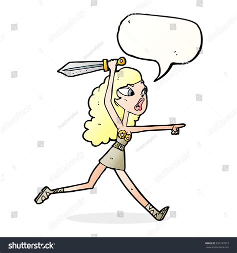 Cartoon Viking Girl Sword Speech Bubble Stock Vector Royalty Free