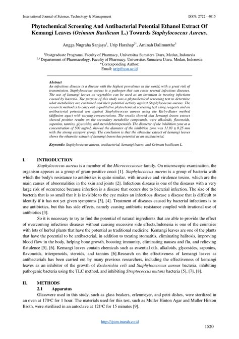 Pdf Phytochemical Screening And Antibacterial Potential Ethanol Extract Of Kemangi Leaves