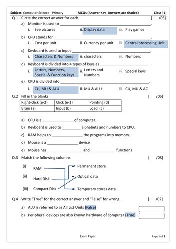 Class 1 Computer Science Mcqs Ak Teaching Resources
