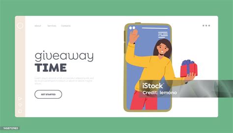 경품 시간 방문 페이지 템플릿입니다 거대한 스마트폰 화면에 선물 상자를 들고 있는 여성 캐릭터 소셜 스팸 고객에 대한 스톡 벡터 아트 및 기타 이미지 Istock