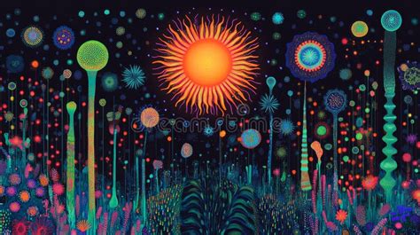 Vibrant Microorganisms From Space Flowing Set Against The Darkness Representing The Fusion Of