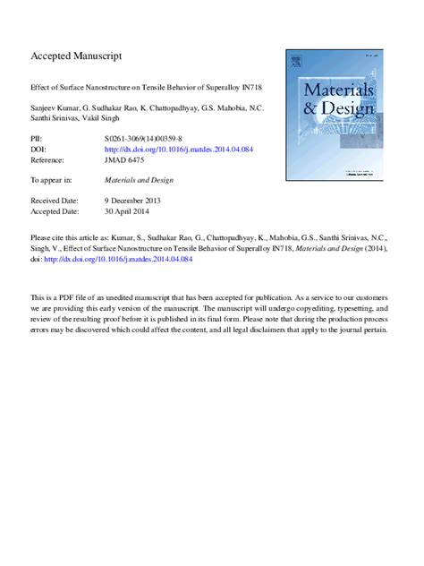 Pdf Effect Of Surface Nanostructure On Tensile Behavior Of Superalloy In718