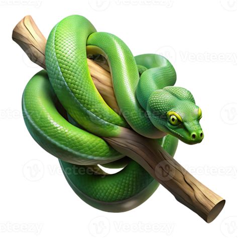 Vibrant Contemporary A Green Tree Python Coiled Around A Branch Dappled Jungle Light