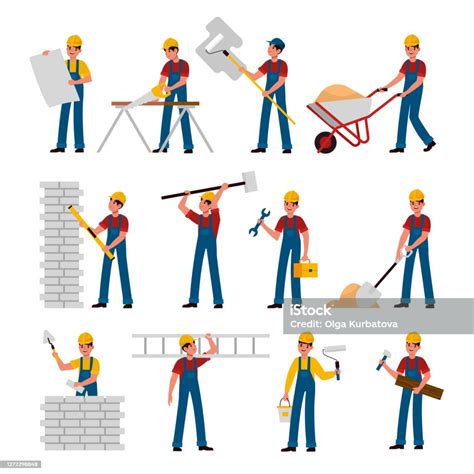 건설 노동자 헬멧 에서 만화 빌더 는 건설 도구 톱 망치와 흙 삽과 사다리 건물 및 개조 하우스 플랫 벡터 문자 컬렉션 작업 남자에 대한 스톡 벡터 아트 및 기타 이미지