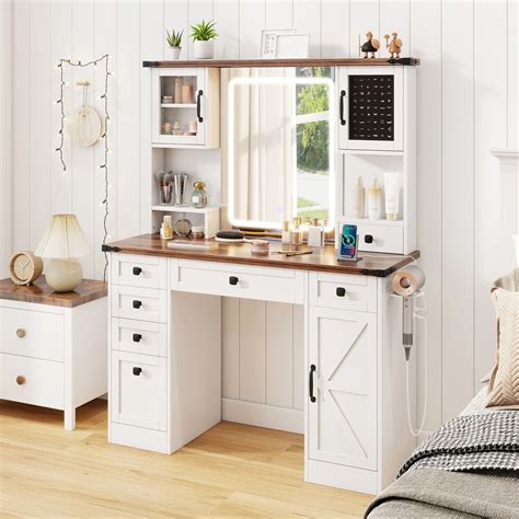 Farmhouse Vanity Desk With Lighted Mirror And 3 Doors White Moogdesk