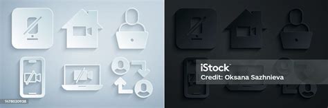 노트북 프리랜서 모바일 프로젝트 팀 기반 집에서 비디오 카메라 끄기 및 마이크 음소거 아이콘을 설정합니다 벡터 3차원 형태에 대한 스톡 벡터 아트 및 기타 이미지 Istock