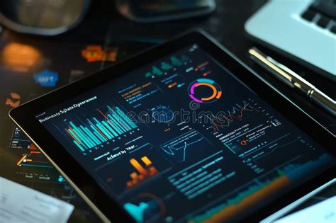 Close Up Of A Professional Workspace With Colorful Data Visualizations And Analysis Tools Stock