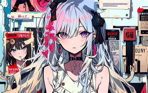 Download Wallpaper 2560x1600 Girl Flowers Choker Anime Art
