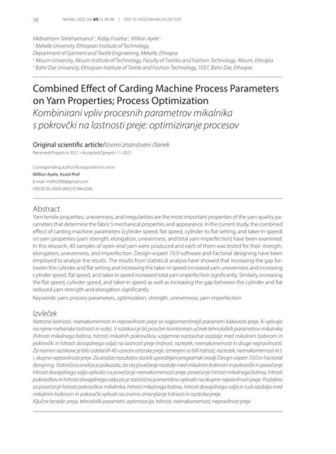 Pdf Combined Effect Of Carding Machine Process Parameters On Yarn