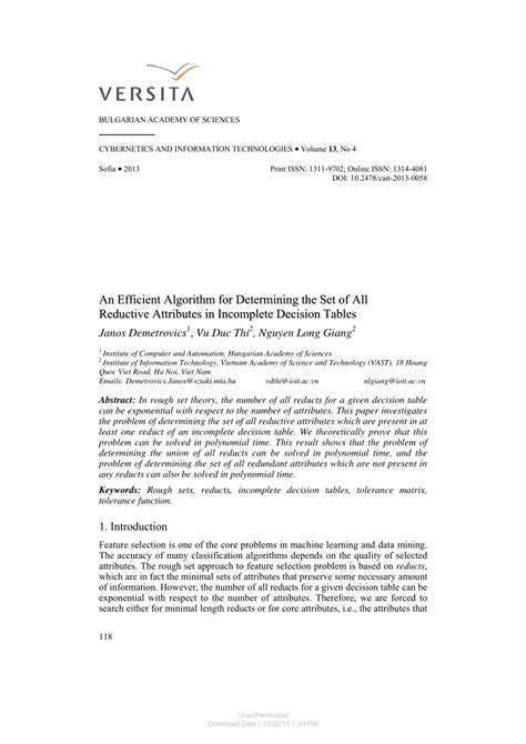Pdf An Efficient Algorithm For Determining The Set Of All Reductive Attributes In Incomplete