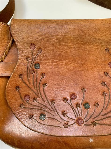 Floral Tooled Leather Purse Handbag Bag Vintage 70s Tan Brown Handmade
