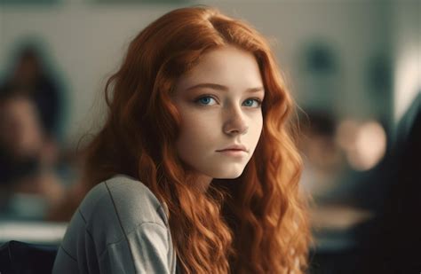 Premium Ai Image Teenage Red Hair Girl Sitting Calm Face Generate Ai