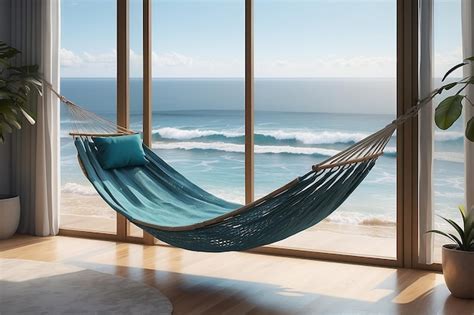 Premium Photo A Drawing Of A Hammock In A Living Room With A View Of The Ocean Generative Ai