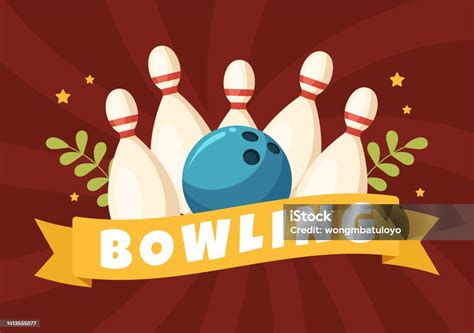 볼링 게임 손으로 그린 만화 플랫 배경 디자인 일러스트 레이 션 핀 공 및 스포츠 클럽 또는 활동 대회에서 스코어 보드 Championship에 대한 스톡 벡터 아트 및