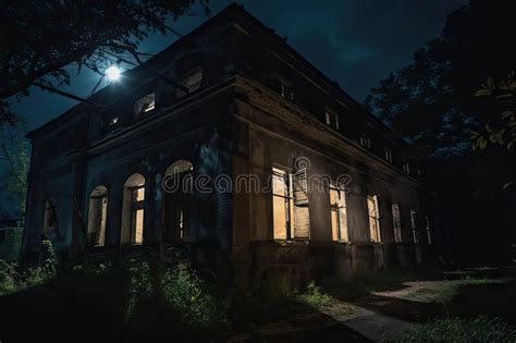 Haunted Abandoned Building At Night With Flashlights And Lanterns