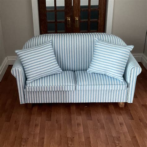 Dollhouse Miniature Blue And White Stripe Sofa With Pillows 112 Scale