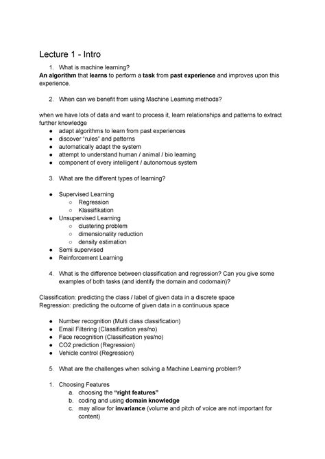 Statistical Machine Learning Sml Self Test Questions Lecture 1 Intro What Is Machine