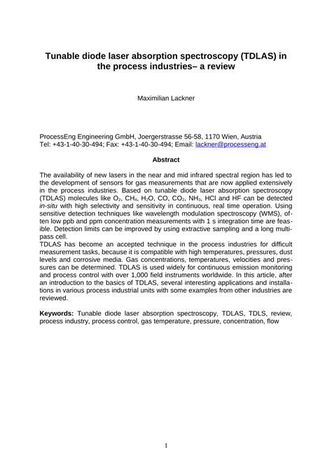 Pdf Tunable Diode Laser Spectroscopy In The Process Industries A Review