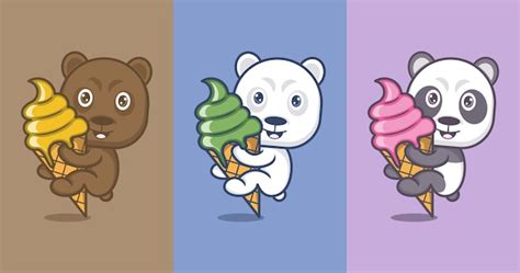 Lindos Osos De Dibujos Animados Pandas Y Osos Polares Con Helado
