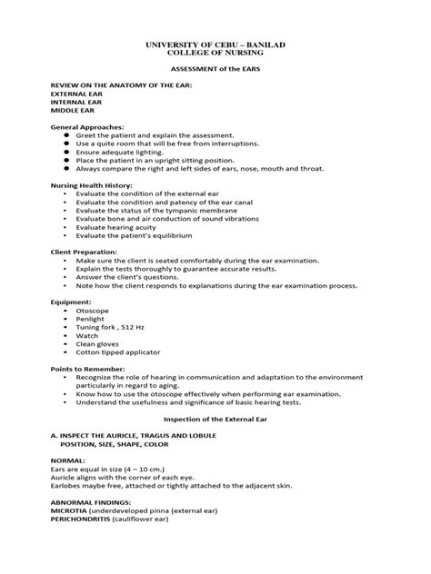 Assessment Of The Ears Notes Pdf Ear Hearing