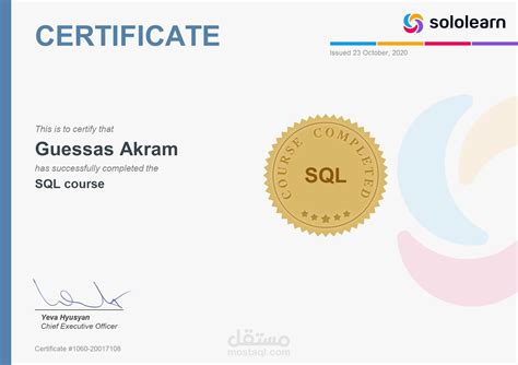 شهادة اتمام دورة قاعدة البيانات Sql Course مستقل