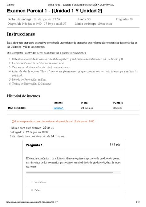 Examen Parcial 1 Unidad 1 Y Unidad 2 IntroduccióN A LA EconomíA