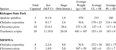 Sex Stage And Morphometrics For Each Turtle Species Captured At
