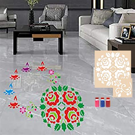 Floral With Rose Rangoli Stencils For Floor With 6 Rangoli Colors