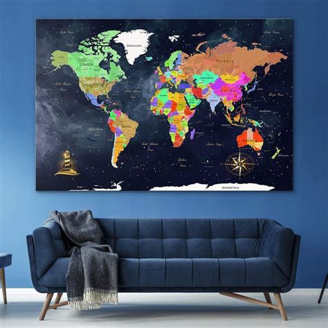 World Map Wall Art Navy Living Room Wall Decor Framed Ready To Hang