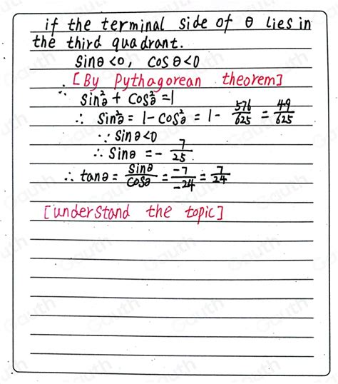 Solved Use Pythagorean Identities to find sin θ θ and tan θ if cos θ 24 25 if the terminal