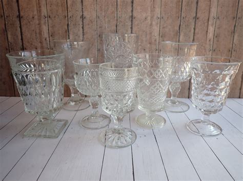 Vintage Mismatched Clear Glass Goblets Wine Glasses Set Of 8 Mix And