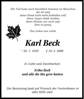 Traueranzeigen Von Karl Beck Trauer In NRW De