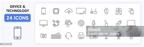 라인 스타일의 24 기술 및 전자 장치 웹 아이콘의 집합입니다 장치 전화 노트북 통신 스마트 폰 전자 상거래 벡터 그림입니다 개발에 대한 스톡 벡터 아트 및 기타 이미지